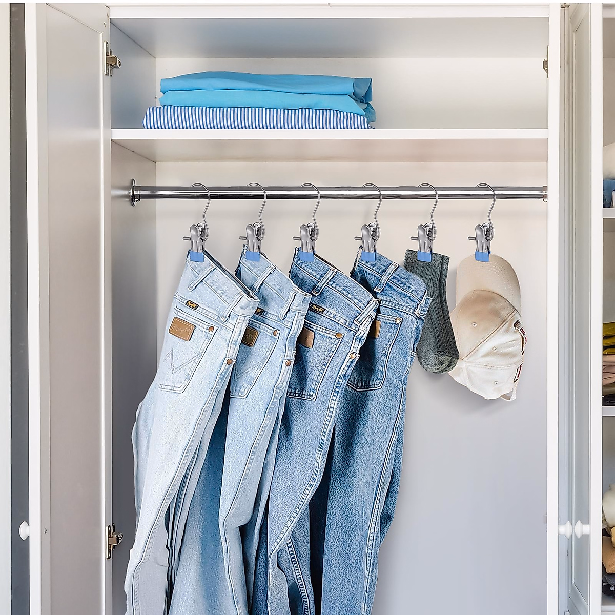 50PCS Space-Saving Clothespin Hat Pants Storage Hanging Travel Hook, Portable 360° Rotating Stainless Steel Hanging Hook Clips Towel Clips,Laundry Hooks Hanging Clips with Clips for Home and Travel