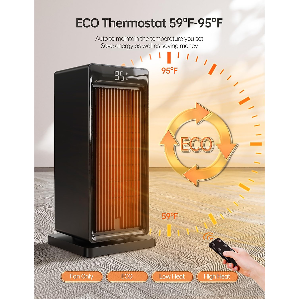 Space Heater, SANVINDER 1500W Portable Electric Heater for Bedroom, ECO Thermostat 90° Oscillating, 24 hours timer, Fast Heating, with Remote, Overheat Protection, LED Display for Office