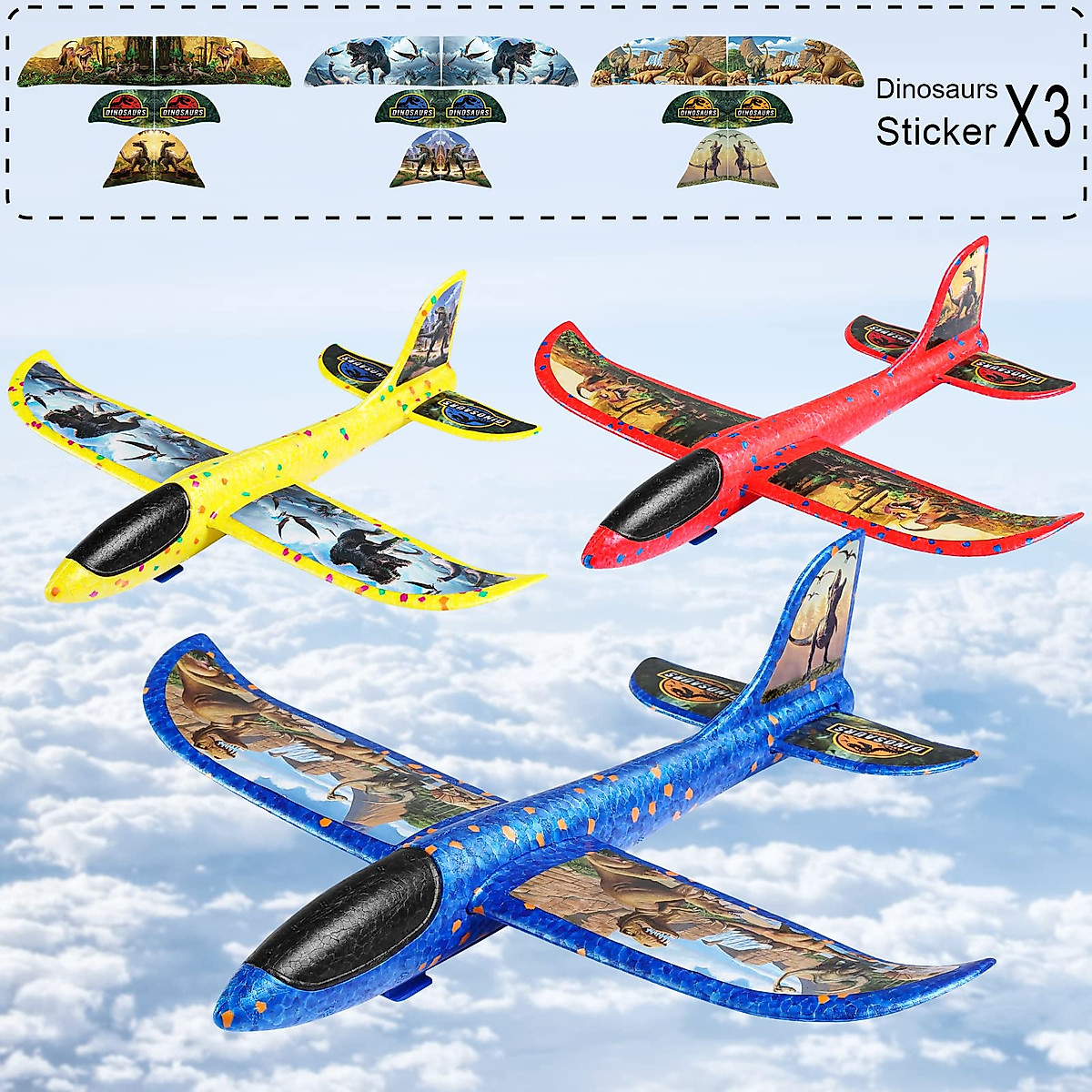 Elctbras 3 Pack Airplane Launcher Toy, Foam Glider Planes for Kids with 2 Flight Mode, Catapult Plane Toys with 3 DIY Stickers, Outdoor Sport Flying Toys for 4 5 6 7 8 9 10 Year Old