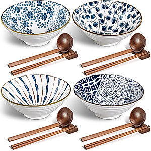 Geiserailie Ceramic Ramen Bowl, 40 oz Japanese Large Noodle Bowls with Spoons, Chopsticks and Chopsticks Stand for Udon, Soba, Pho, Noodles, Ramen, Salad and Soup, Set of 4 (Classic Style)