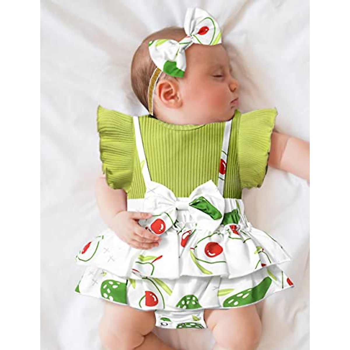 TyeSmo Baby Girl Dresses 9-12 Months Baby Girl Clothes Ruffle Short Sleeve Onesie Outfit Suspenders Baby Girl Romper Dresses for Baby Girls Summer Avocado Green