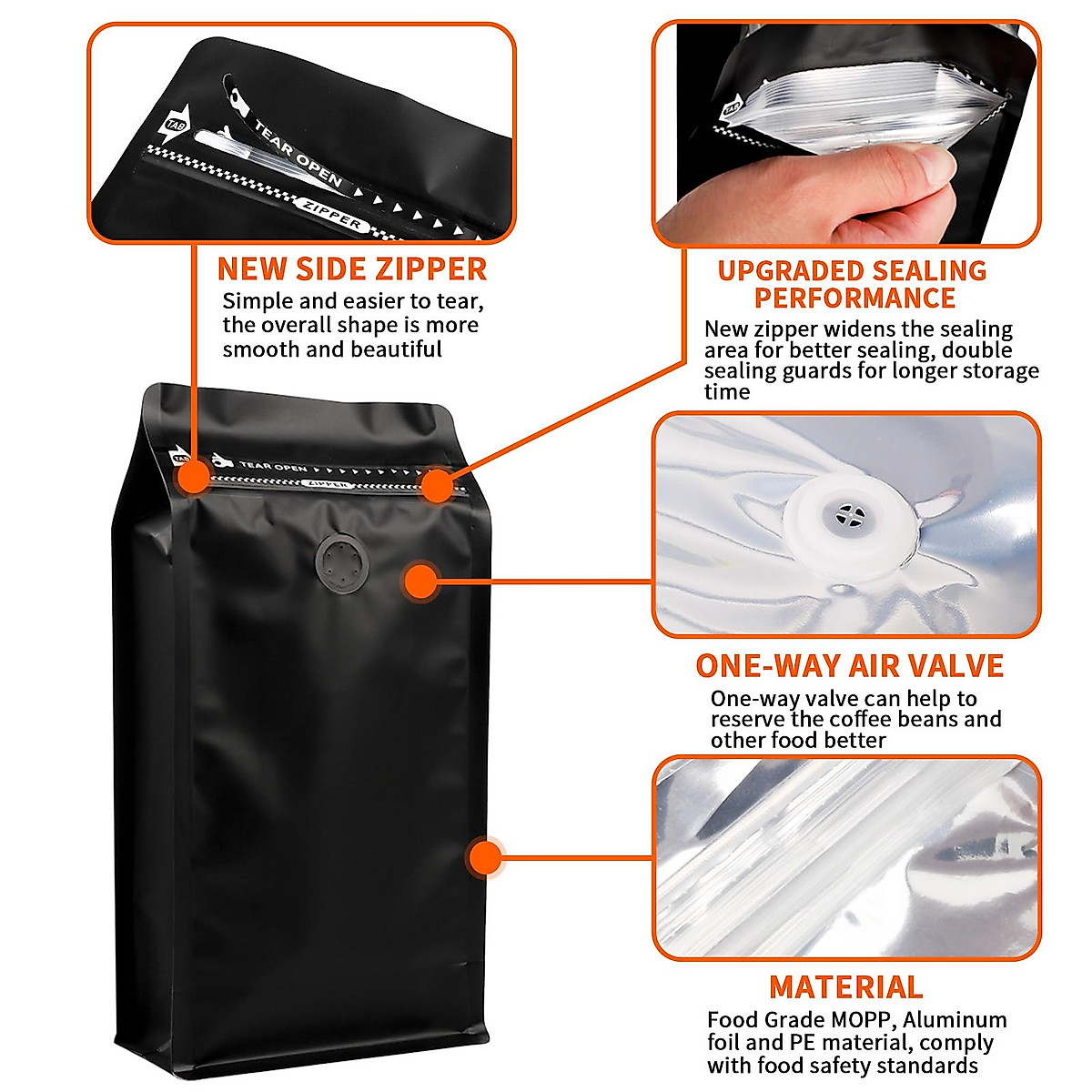 NEW Upgraded Coffee Bags with Valve (50 PCS, 32 oz/2 lb) Black High Barrier Aluminum Foil Flat Bottom Standing Coffee Bean Storage Bags, Reusable Heat Seal Side Zipper Pouches for Home and Store