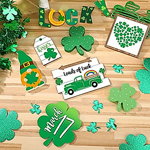 12 Pieces St. Patrick's Day Tiered Tray Decor Wooden Shamrock Decorations Table Wooden Gnome Heart Irish Sign Farmhouse Natural Wood Sign for Home Kitchen Bar Decoration