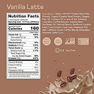 OWYN Only What You Need Double Shot Dairy Free Keto Protein Coffee Shake, Vanilla Latte, 0g Sugar, 20g Plant Based Protein, 180mg Caffeine, Gluten & Soy Free, Non-GMO, Vegan (12 Pack, 12 Fl Oz)