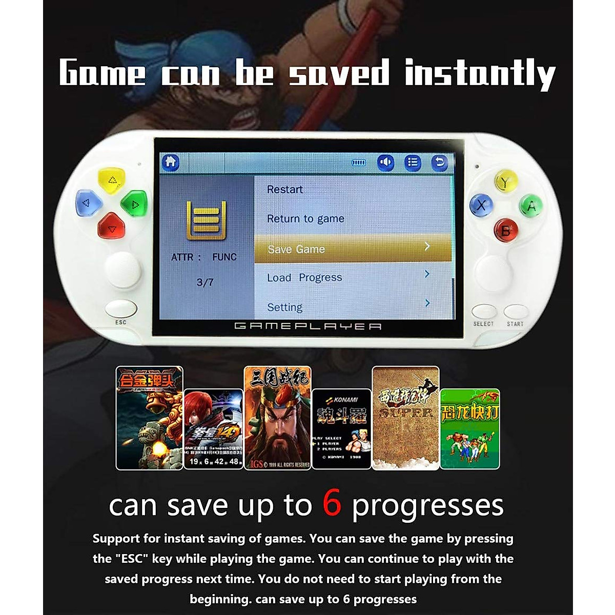 CZT 5.1-inch multi-function video game console color crystal buttons built-in 9600 games MP3MP4 lithium battery game archive AV OUT DV/DC hand-held gaming device (White)