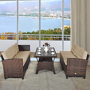 Tangkula Patio Furniture Set, 3 Pieces Outdoor Conversation Set with 6 Cushioned Seat & Coffee Table, Rattan Couch Set for Balcony, Garden, Lawn, Poolside and Backyard (Brown)