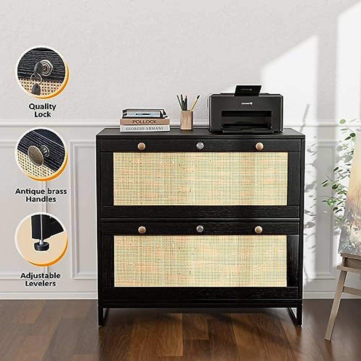 VINGLI Black Rattan 2 Drawer Lateral File Cabinet with Lock, Wood Locking File Cabinets for Home Office, File Cabinet Printer Stand for Hanging Letter/Legal Size Labeled Folders, Oak, 30W x 16D x 28H