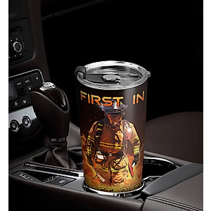 20oz Firefighter Tumbler, First in Last Out, Firefighter Gifts, Coffee Thermos for Men, Stainless Steel Double Wall Vacuum Insulated Coffee Mug, Travel Cup with Lid