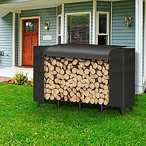 5.3Ft Outdoor Firewood Rack with Cover Wood Log Racks Holders for Fireplace Adjustable Metal Wood Storage Rack Stand Stackers for Fire Wood, Patio, Porches, Waterproof Oxford Fabric Cover, Black
