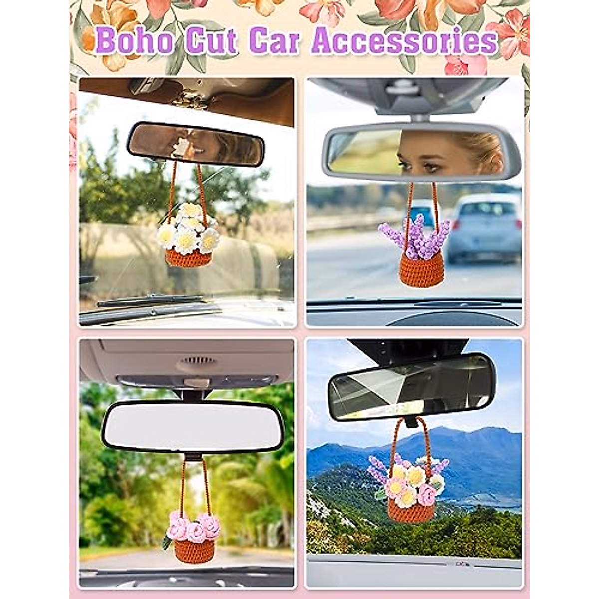 yazi Flower Crochet Kit for Beginners-5 Pack Hanging Potted Plants Crochet Starter Kit with Video, Learn to Crochet Rose Lavender Daisy Heart Cactus Pot for Adults,DIY Knitting Supplies