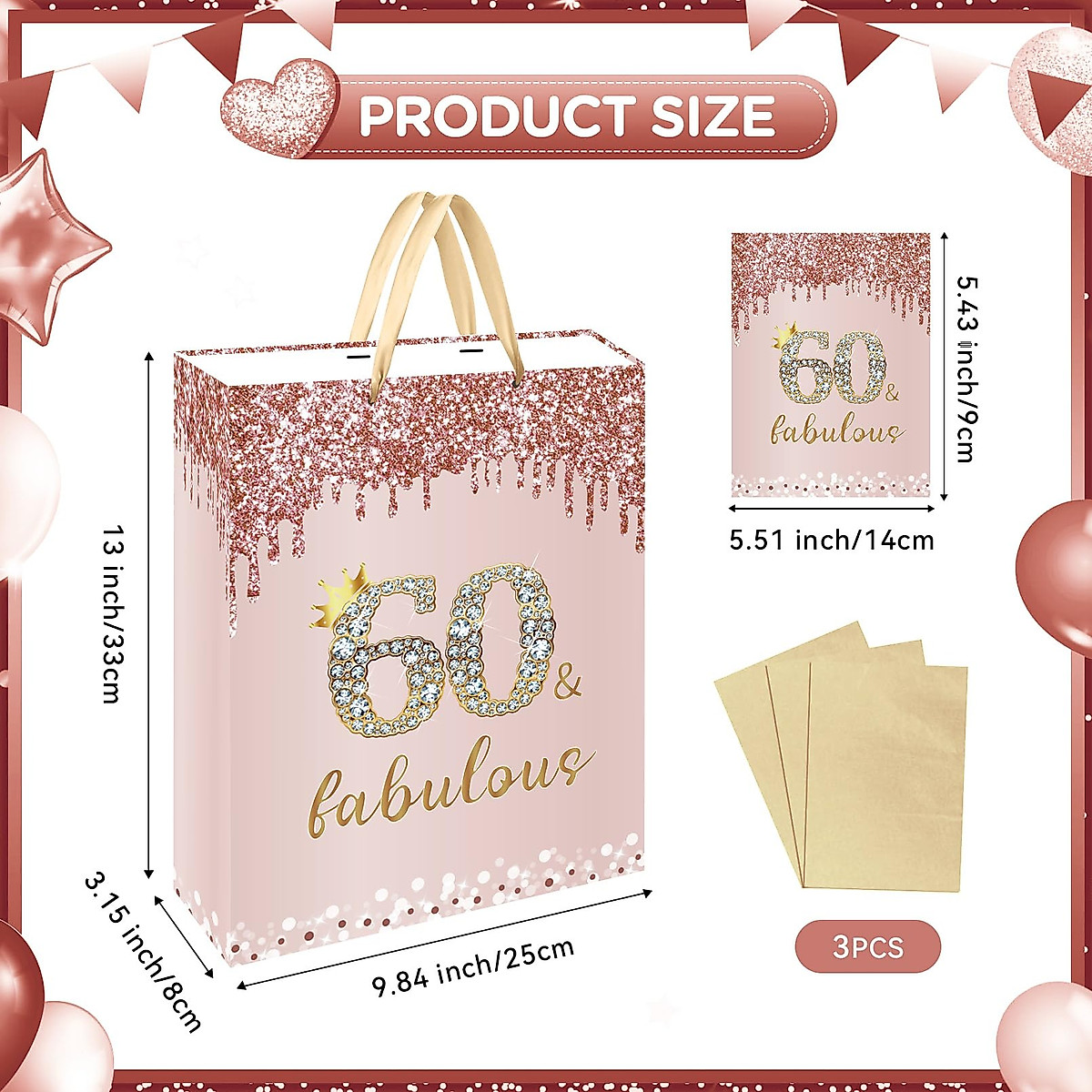 GOLDCROW Rose Gold 60th Birthday Gift Bag for Women with Handles Large Pink Happy 60th Birthday Gift Bag with 60th Birthday Wrapping Paper and Card for 60th Birthday Decorations Party Supplies