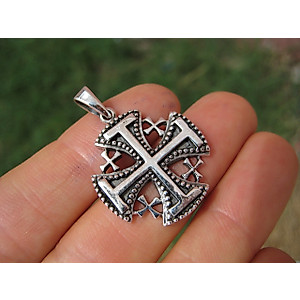 Himalayan Treasures 925 Sterling Silver Jerusalem Cross Fivefold Cross Crusaders Cross Emblem Medal Pendant Necklace A12