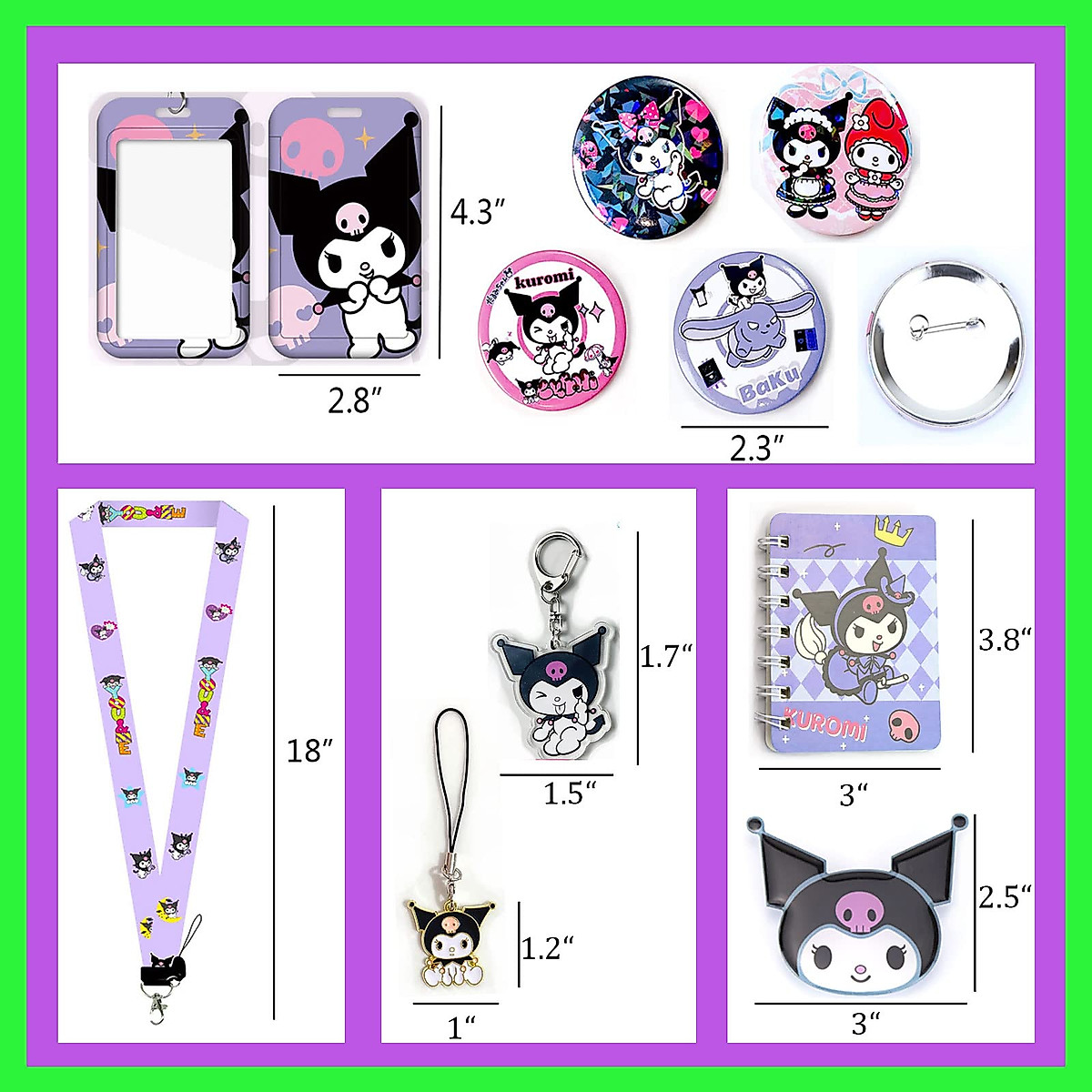 Cute Kuromi School Supplies Set Kawaii Office Supplies Gift Set Including Gel Ink Roller Pens Booklet Pencil Case ID Badge Stickers Button Pins Key Chain Phone Chain Phone Ring Holder