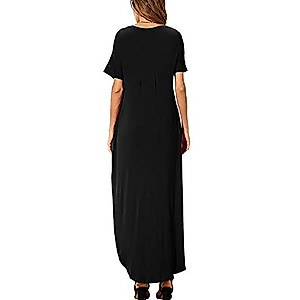 HUSKARY Women's Summer Maxi Dress Casual Loose Pockets Long Dress Short Sleeve Split