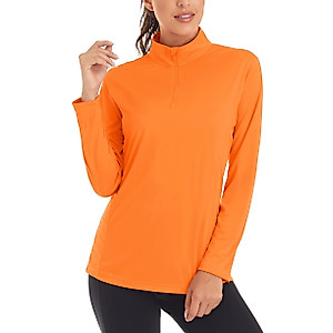 KEFITEVD Hiking Clothes for Women UV Sun Protection Shirts 1/4 Zip Pullover Athletic Tops Orange Running Shirts Long Sleeve Fishing Shirt Women