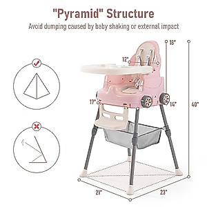 High Chairs for Babies and Toddlers, Portable 3 in 1 High Chair, Adjustable Convertible Compact Infant Baby Feeding Chair Booster with Detachable Double Tray, 5 Point Harness, Foot Rest Pink