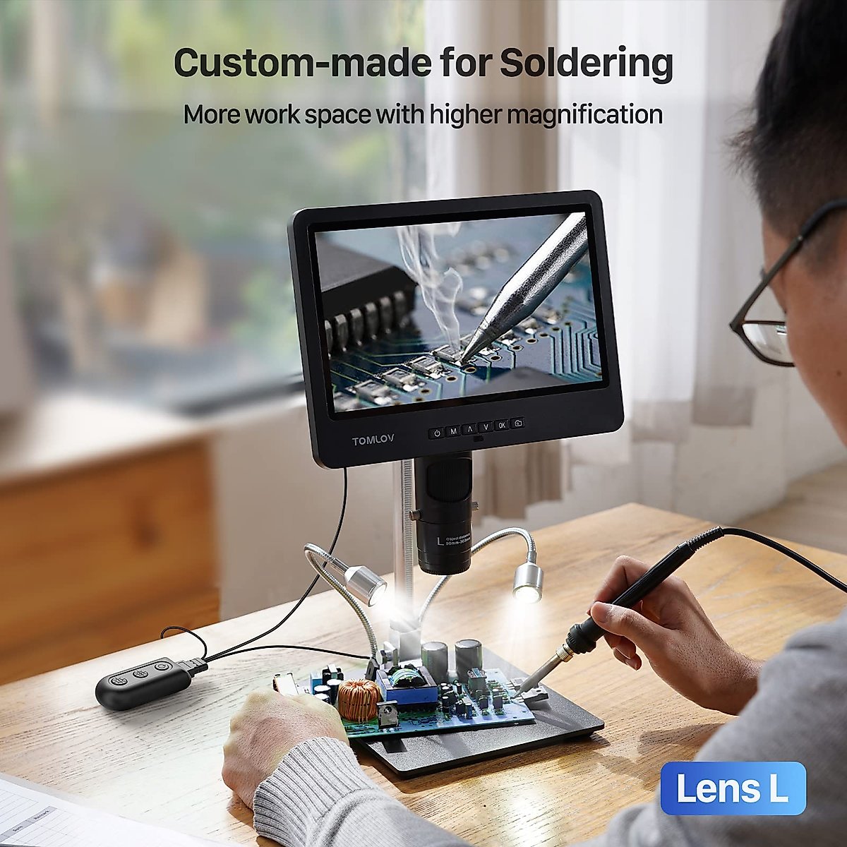 TOMLOV DM602 Pro 10.1" HDMI Digital Microscope 2000x, Pro Boom Arm Stand, LCD Soldering Microscope with 3 Lens, Adults Microscope for Electronics Repair, Coin Microscope Ring Light, PC Compatible, 64G