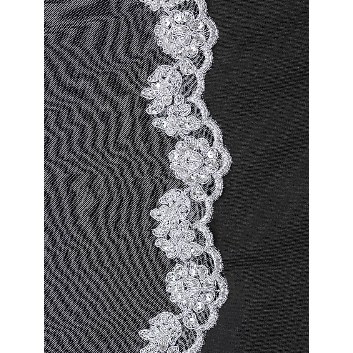 SAMKY 1T 1 Tier Floral Scallop Embroided Lace Pearl Veil - Light Ivory Fingertip Length 36" V471
