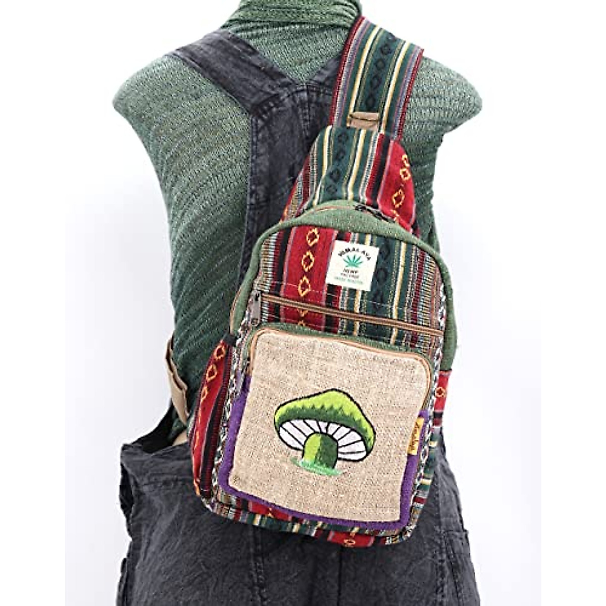 HIMALAYA HANDMADE Hemp Sling Backpack Hippie Backpack Festival Backpack Hiking Backpack 100% Hemp| Crossbody Bag FAIR TRADE Handmade with Love., Green