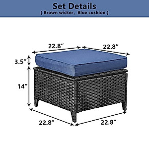 Outdoor Furniture Ottoman Set of 2 Patio Seating Footstool All-Weather Rattan Wicker Ottoman Seat with Soft Cushions for Patio Furniture Set