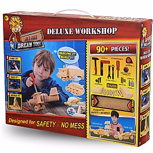 Real Construction Deluxe Workshop – 90 Piece Kids Tool Playset for Teaching Carpentry and Engineering with 8 Project Plans, Safe Faux Foam Wood, and Realistic Tools for Creative Building Fun