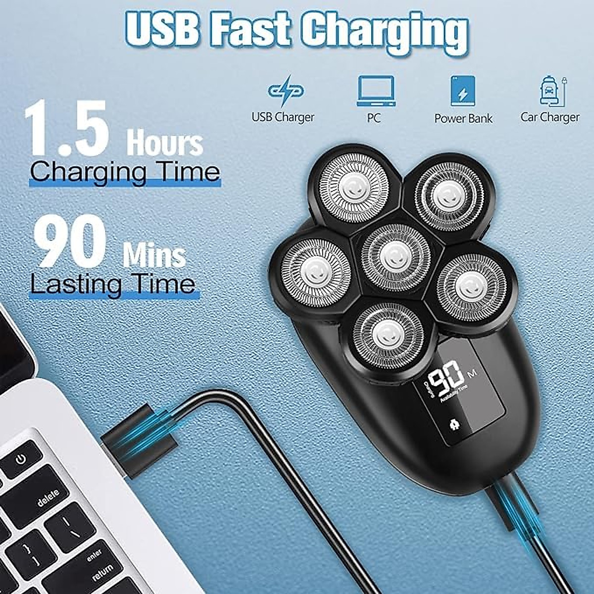 Electric Head Shaver for Bald Men, 6 in 1 Mens Electric Head Razor Bald Head Shaver Cordless Electric Razor Men, IPX7 Wet/Dry Waterproof Men's Rotary with Head Shavers Kit LED Display Silver