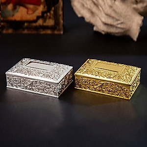 Hsiwto Small Rectangle Vintage Metal Jewelry Box Trinket Gift Chest Ring Case for Girls Ladies Women, Silver