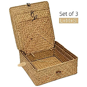 TICYACK Straw Storages Baskets With Lid, Hand-Woven of Seagrass Square Storage Bins, for Desktop Home Decoration (S/M/L)