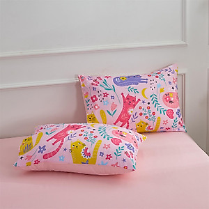 A Nice Night - for Kids Boys Floral Cats Printed on Pink Bedding Set,5Pcs Bed in A Bag Twin Size Comforter Set, Ultra Soft with Pillowcase (Pink)