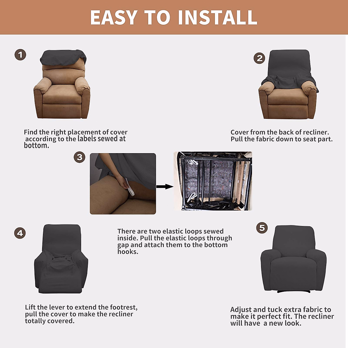 Easy-Going 100% Waterproof Recliner Cover, Dual Waterproof Couch Cover for Recliner, 1- Piece Jacquard Sofa Cover, Leakproof Sofa Slipcover for Kids, Pets, Dog and Cat (Recliner, Dark Gray) 1 Seat