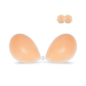 Niidor Adhesive Bra Strapless Sticky Invisible Push up Silicone Bra for Backless Dress with Nipple Covers Creme
