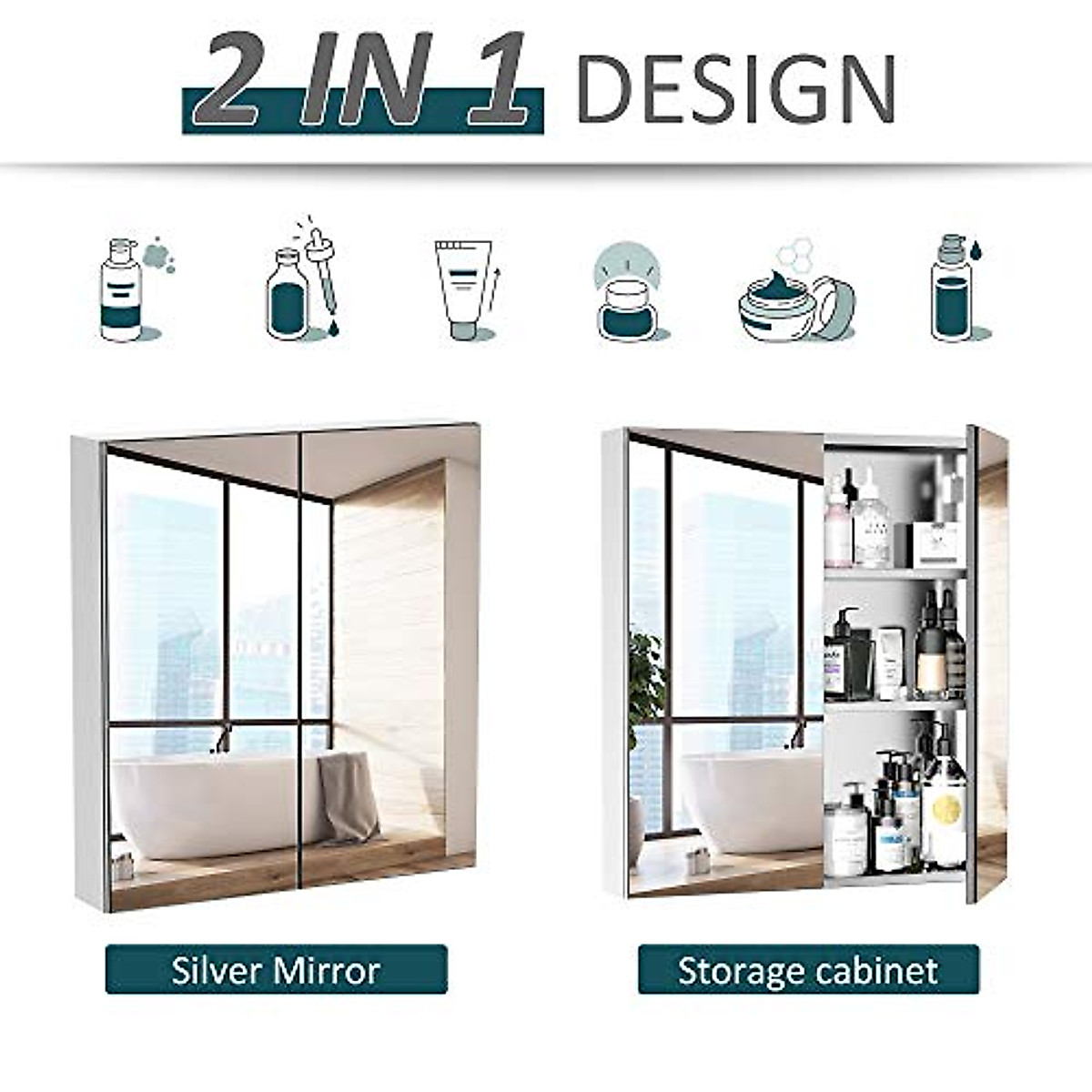 kleankin Bathroom Mirrored Cabinet, 24"x26" Stainless Steel Frame Medicine Cabinet, Wall-Mounted Storage Organizer with Double Doors, Silver