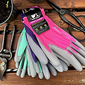 Wells Lamont 3 Pair Pack Women’s Gardening Gloves | PU Coated Grip Work Gloves| Each Pack Includes Pink, Green, Purple | Medium (413MF)