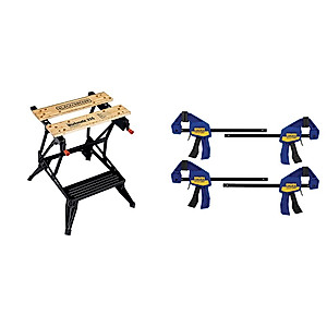 BLACK+DECKER Portable Project Center and Vise with IRWIN QUICK-GRIP Clamps, One-Handed, Mini Bar, 6-Inch, 4-Pack (WM225-A & 1964758)