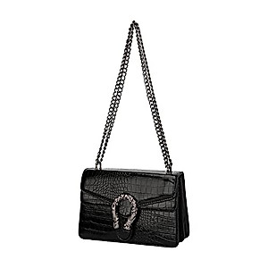 GLOD JORLEE Women's Fashion Chain Purse Crossbody Shoulder Bags -Classic Stone Crocodile Pattern Leather Square Flap Handbag (Black)