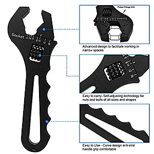 SYKRSS An Fitting Wrench, AN3-16AN Adjustable Wrench Aluminum Lightweight Spanner Tools for An Hose Fitting Adapter End , Black