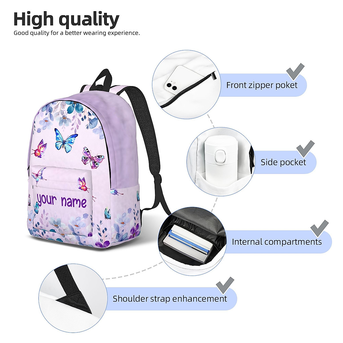 J&SBGFT Personalized Butterfly Backpack for Girls, Custom Backpacks with Names, Customized Book Bags for Kids Girls, Bags for Kids Back to School 15in