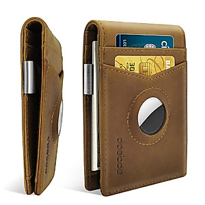 doeboe for AirTag Wallet with Money Clip, Slim Genuine Crazy Horse Leather Credit Card Bifold Wallet Men Women, RFID Minimalist Air tag Wallet Holder for Apple Air Tag Accessories (Yellowish Brown)