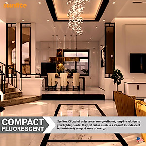 Sunlite Compact Fluorescent T3 Standard Household CFL Spiral Light Bulb, 18 Watt, (75W Equivalent), 1250 Lumens, 120 Volts, Twist & Lock GU24 Base, UL Listed, 2700K Soft White, 6 Pack