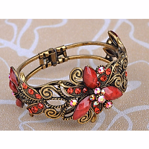 Alilang Womens Antique Golden Tone Red Rhinestone Floral Lily Poinsettia Flower Bangle Cuff Bracelet