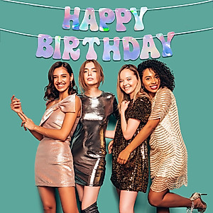 HOUSE OF PARTY Happy Birthday Banner | 6Ft Pre-Strung Iridescent Silver Happy Birthday Letters Banner Sign | Bday Hanging Backdrop Party Decorations Banner| Beautiful Birthday Door Decoration