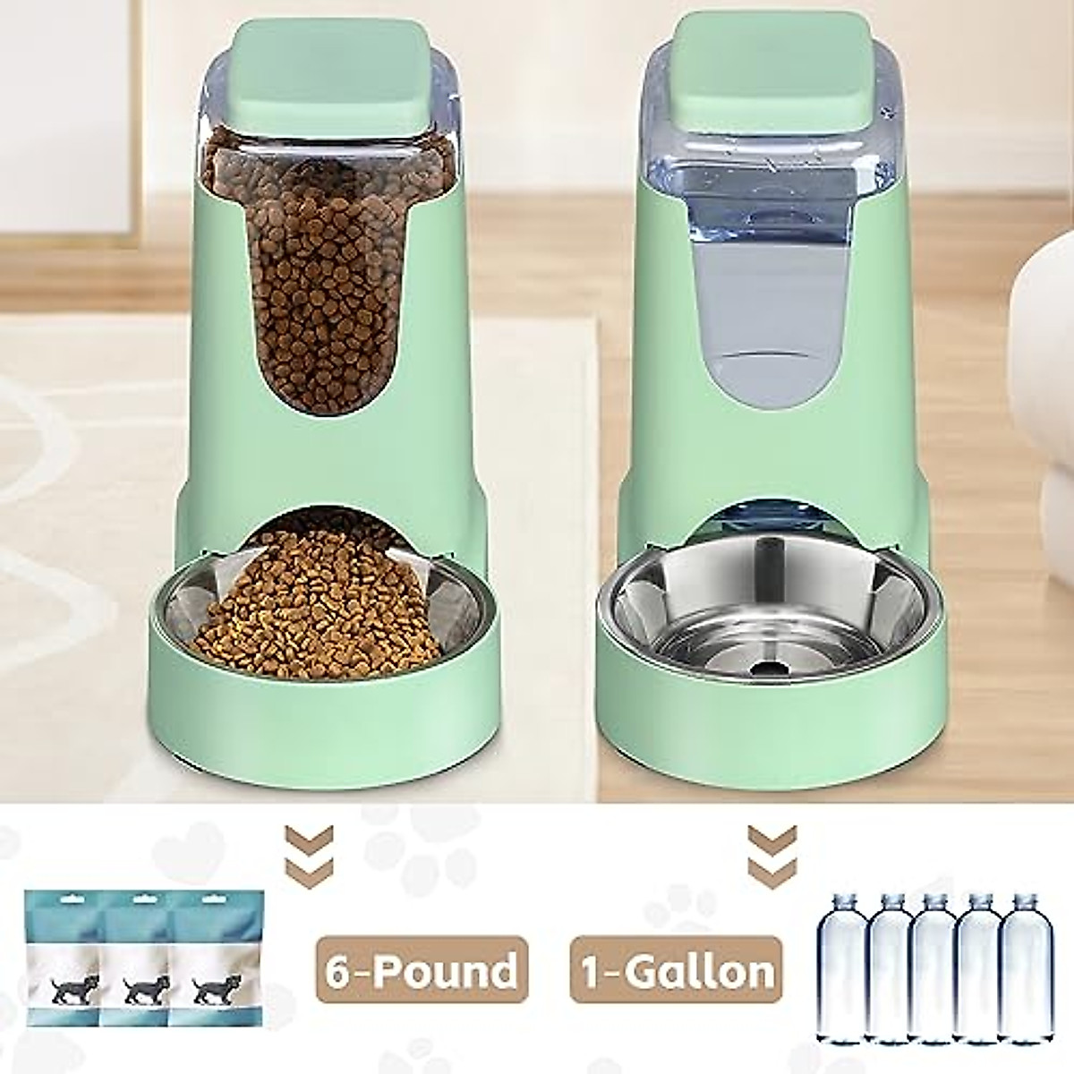 2 Pack Automatic Cat Feeder and Water Dispenser with Stainless Steel Dog Bowl Gravity Self Feeding for Small Medium Pets Puppy Kitten 1 Gallon x 2 (Green)