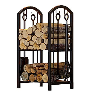 Fire Beauty Fireplace Firewood Log Rack 5-Piece Storage Logs Holder with Tools Set with 4 Tools Set Fireside Holders Wood Lumber Storage Stacking Black