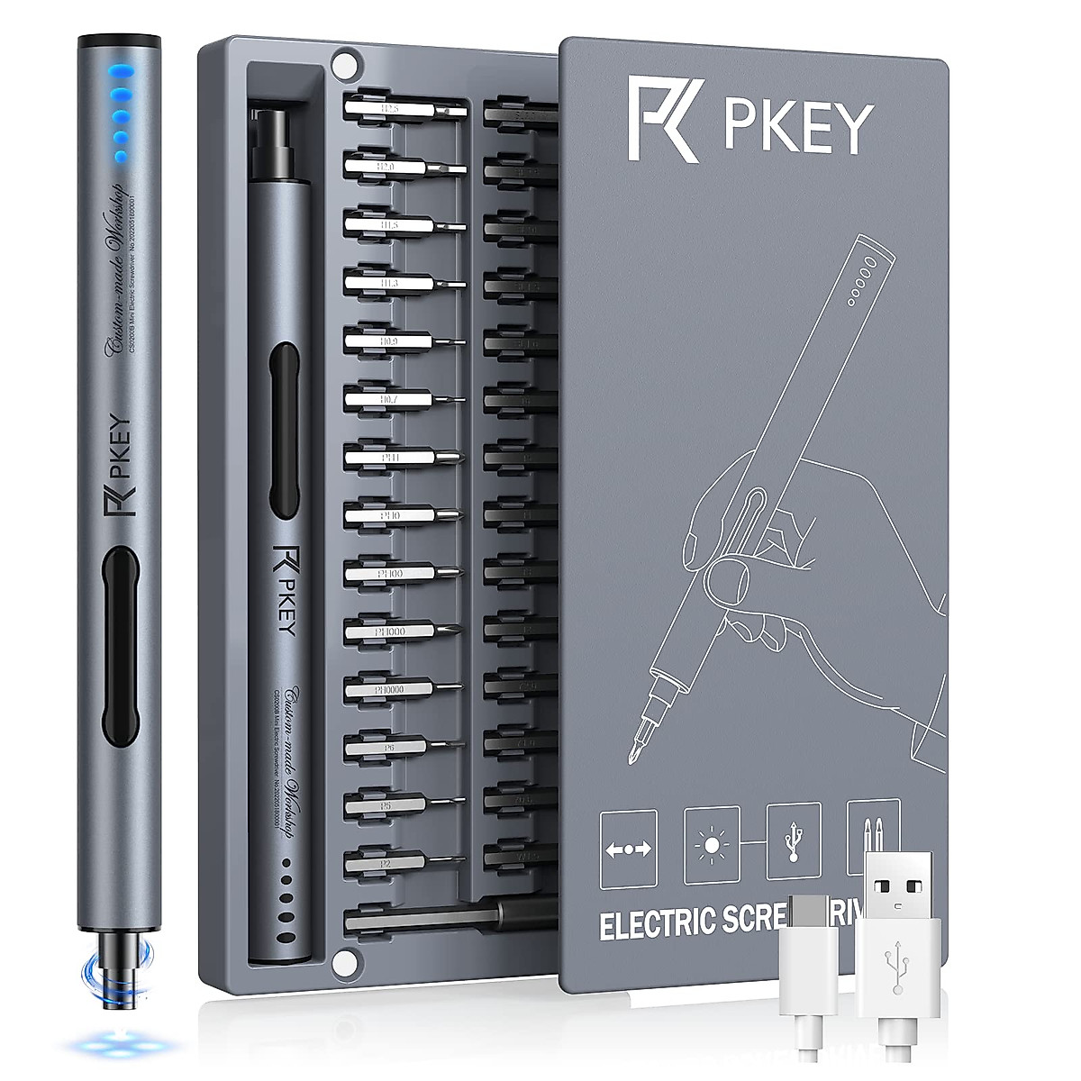 PKEY Mini Electric Screwdriver, All-in-One Precision Electric Screwdriver, 2 Torque with 28 Magnetic Precision Bits,LED Light & Dual Mode， Repair Tool Set for Phone Camera Laptop Watch