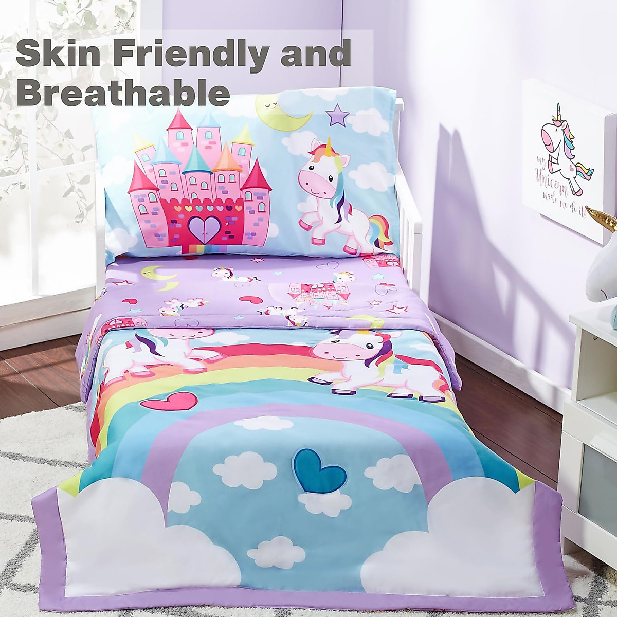 EVERYDAY KIDS 4 Piece Toddler Bedding Set - Unicorn Dreams - Includes Comforter, Flat Sheet, Fitted Sheet and Reversible Pillowcase