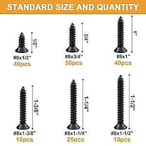 VIGRUE 175 Pcs #8 Wood Screws Black Oxide Coated Stainless Steel Flat Head Phillips Drywall Screw Assortment Kit, Self Tapping Screws Kit