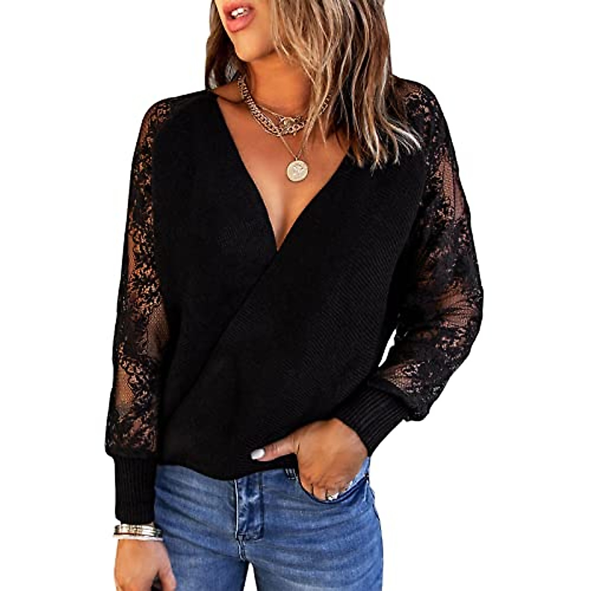Womens Cross Wrap V Neck Lace Stitching Long Sleeve Knit Pullover Sweater for Fall Winter(S-Black)