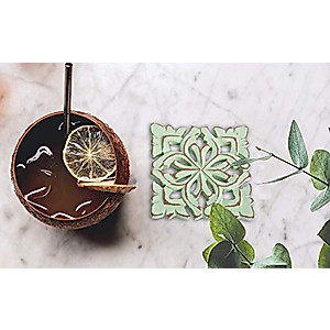 Farmhouse Decor Wood Coasters for Drinks - Kitchen Table Drink Coaster Set of 4 (Square Carved Blossom Sage Green)