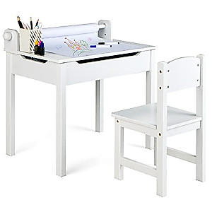 Costzon Kids Table and Chair Set, Flip Top Kids Art Craft Table w/Chair for Playroom Kindergarten, Toddler Drawing Writing Desk Set w/Paper Roll & 2 Markers, Gift for Boys Girls Ages 3+ (White)