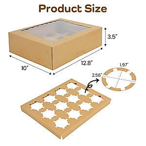 Tcoivs 15-Set Cupcake Boxes Hold 12 Standard Cupcakes, Cupcake Containers with Windows and Inserts, Brown Cupcake Carrier, Food Grade Kraft Cupcake Holders